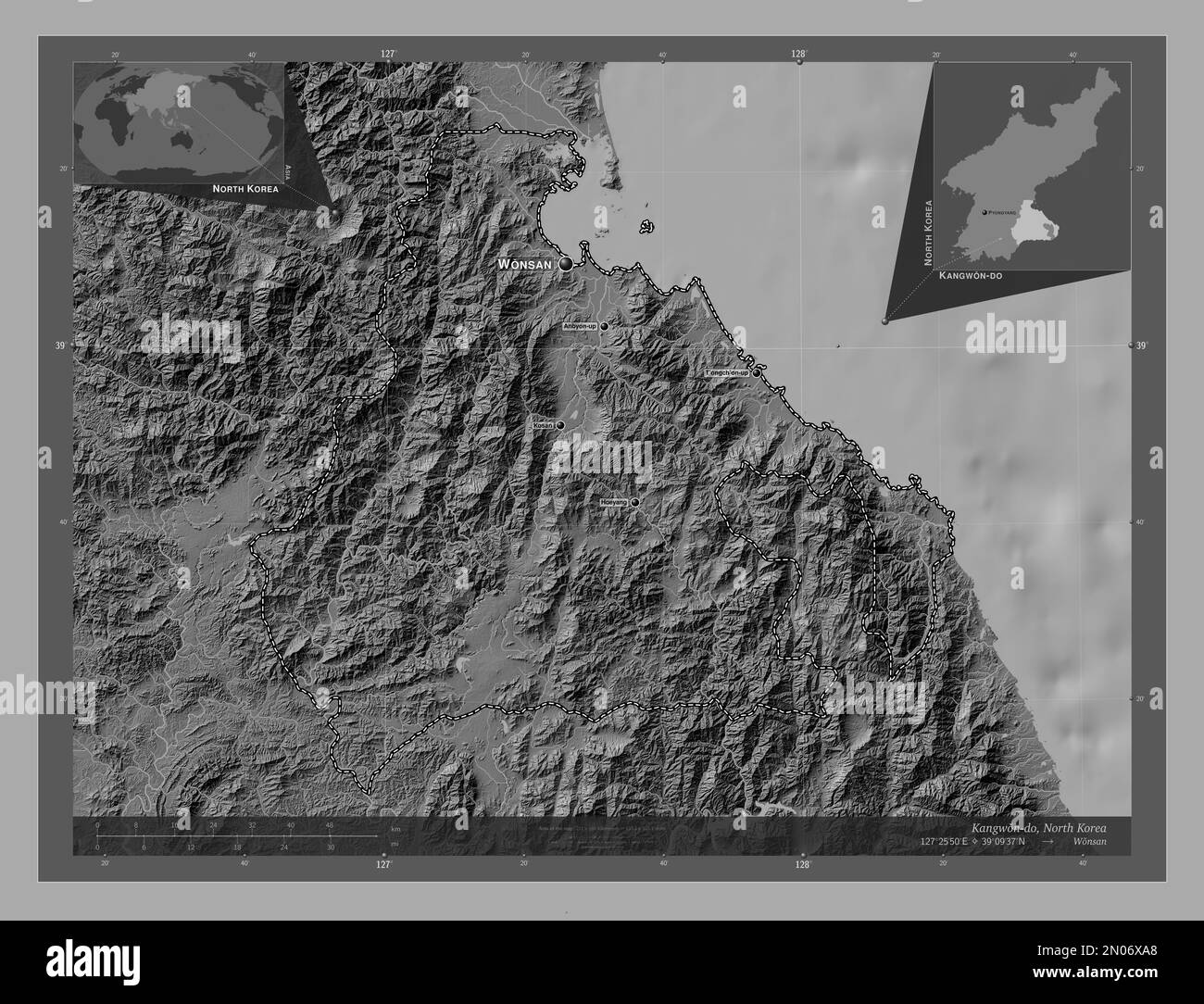 Kangwon-do, province de Corée du Nord. Carte d'altitude à deux niveaux ...
