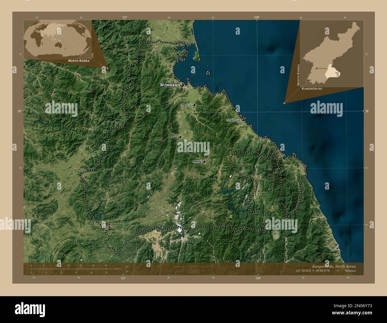Kangwon-do, province de Corée du Nord. Carte satellite basse résolution ...