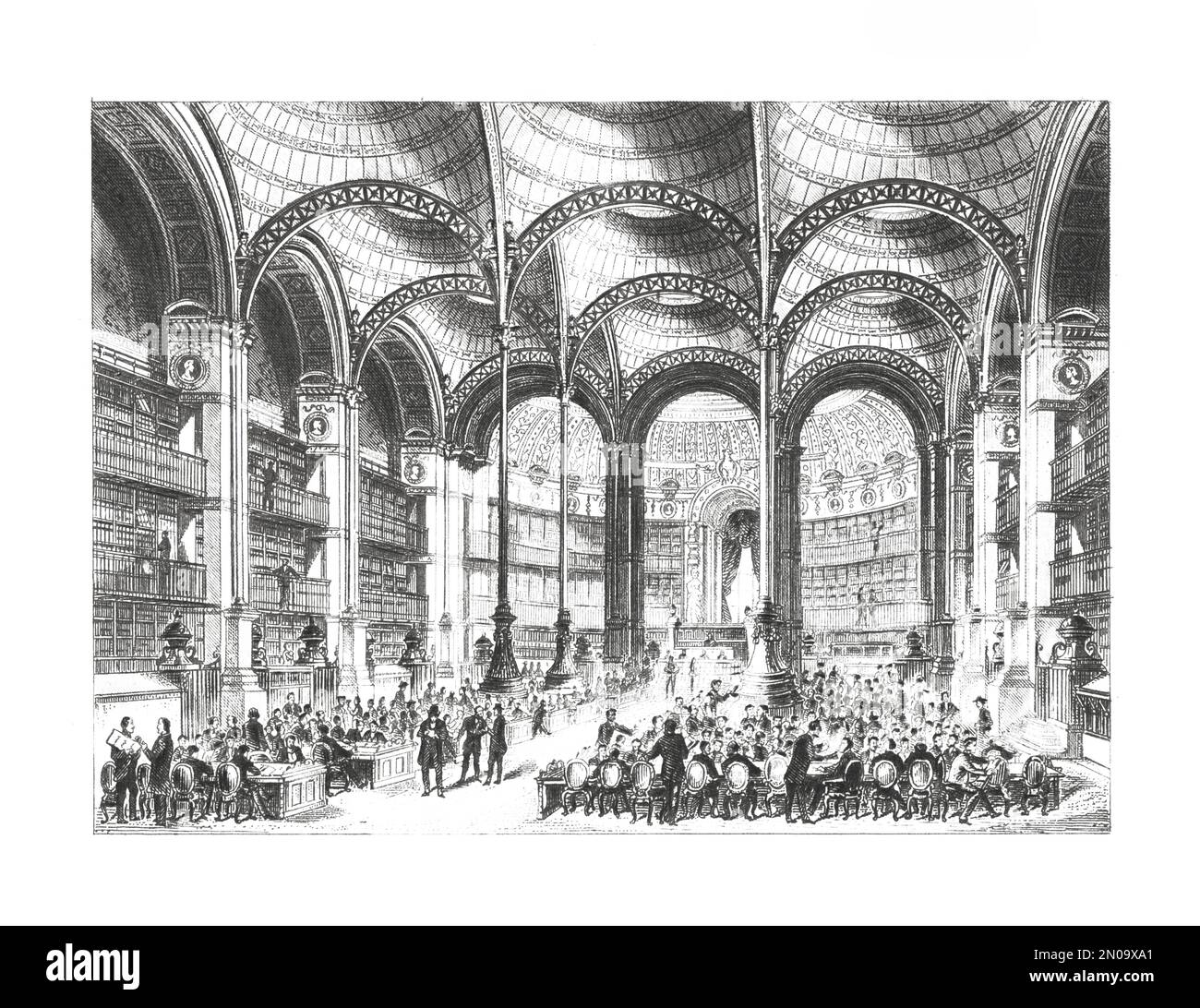 Gravure antique représentant une salle de lecture dans la Bibliothèque ...