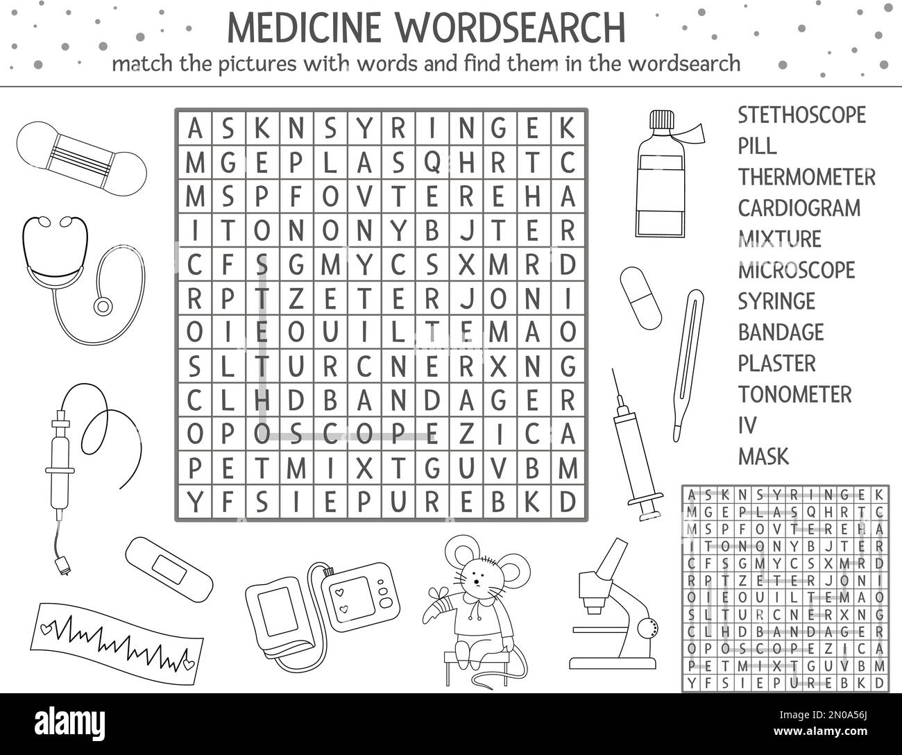 Vecteur santé contour wordsearch puzzle avec des images. Quiz sur la ...