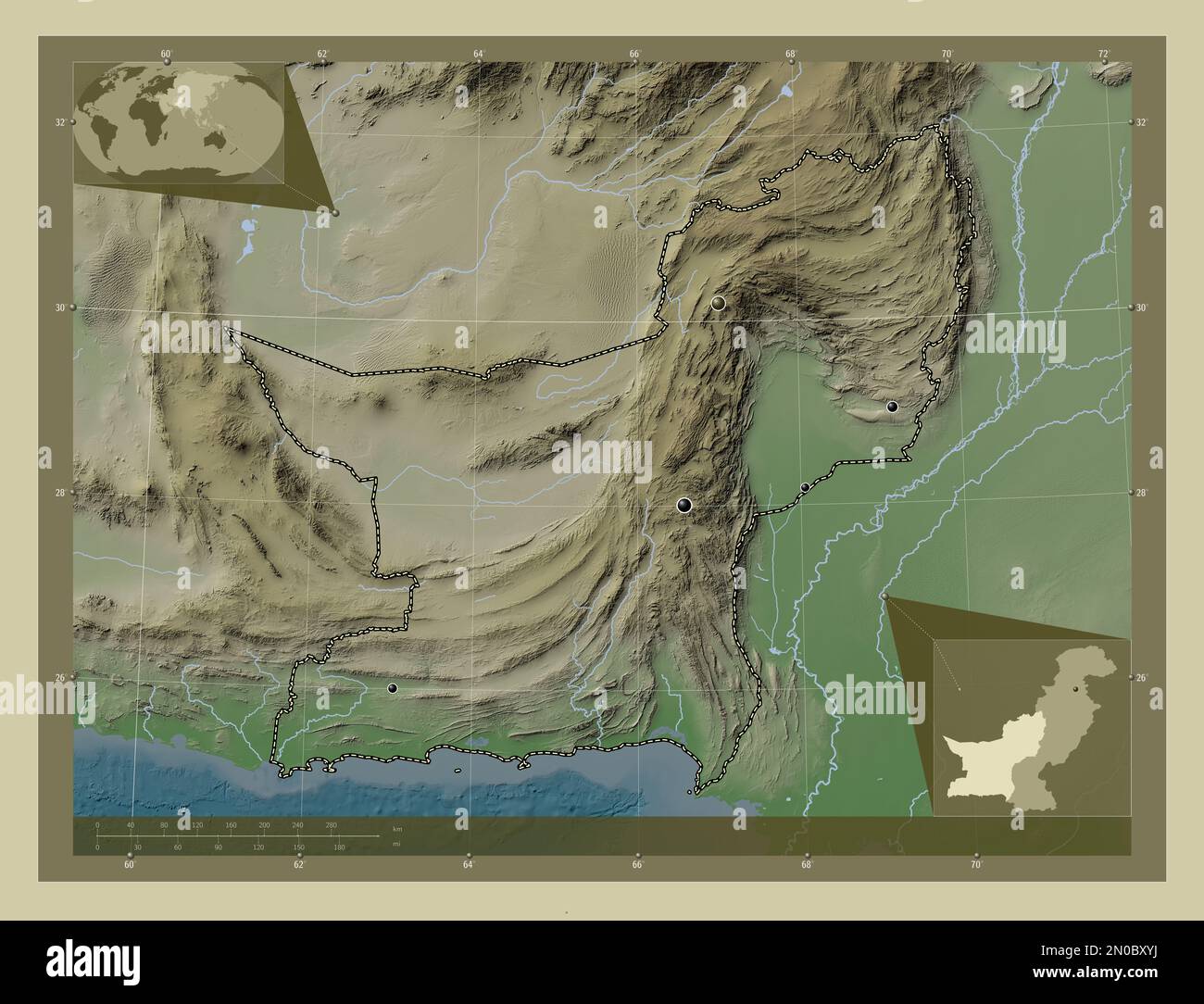 Baloutchistan, province du Pakistan. Carte d'altitude colorée en style ...