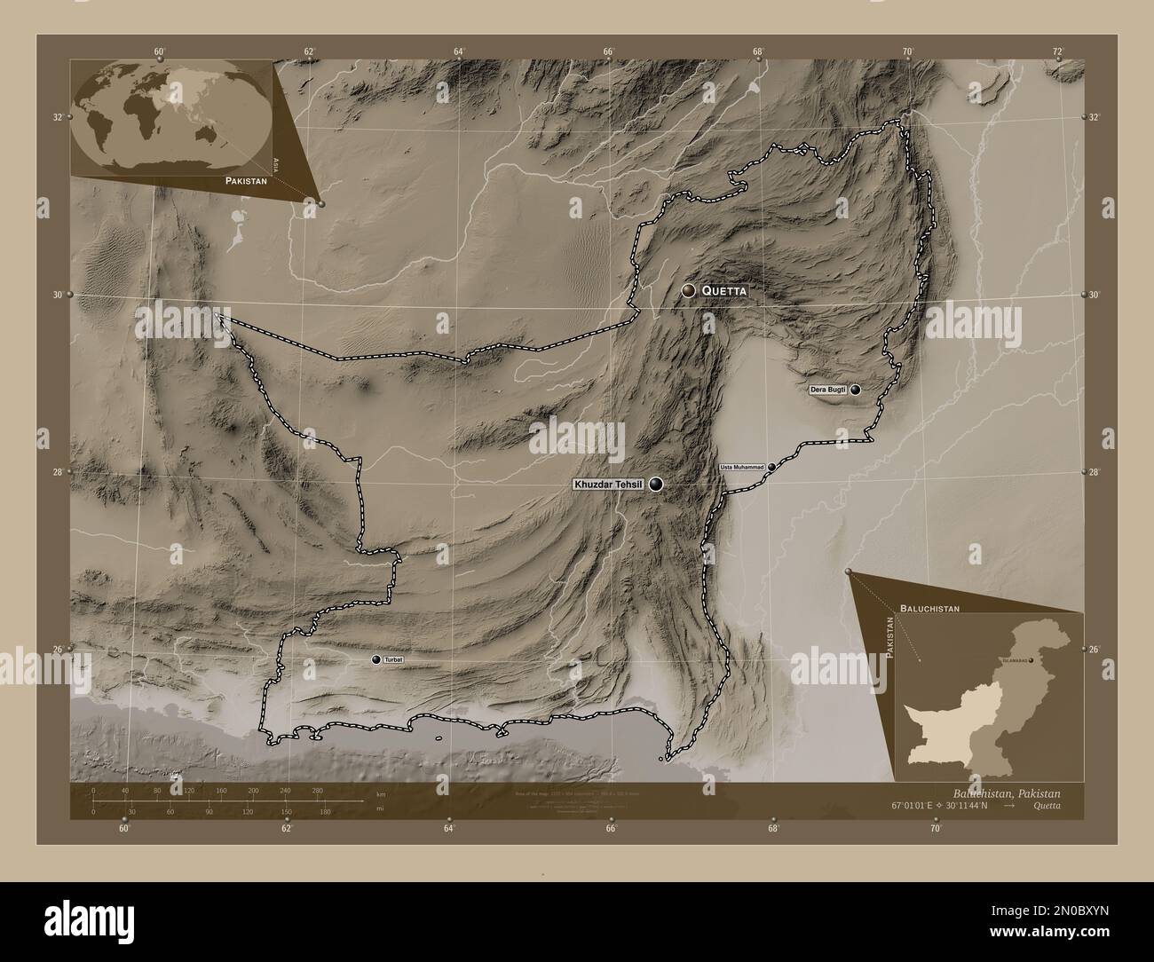Baloutchistan, province du Pakistan. Carte d'altitude colorée en tons ...