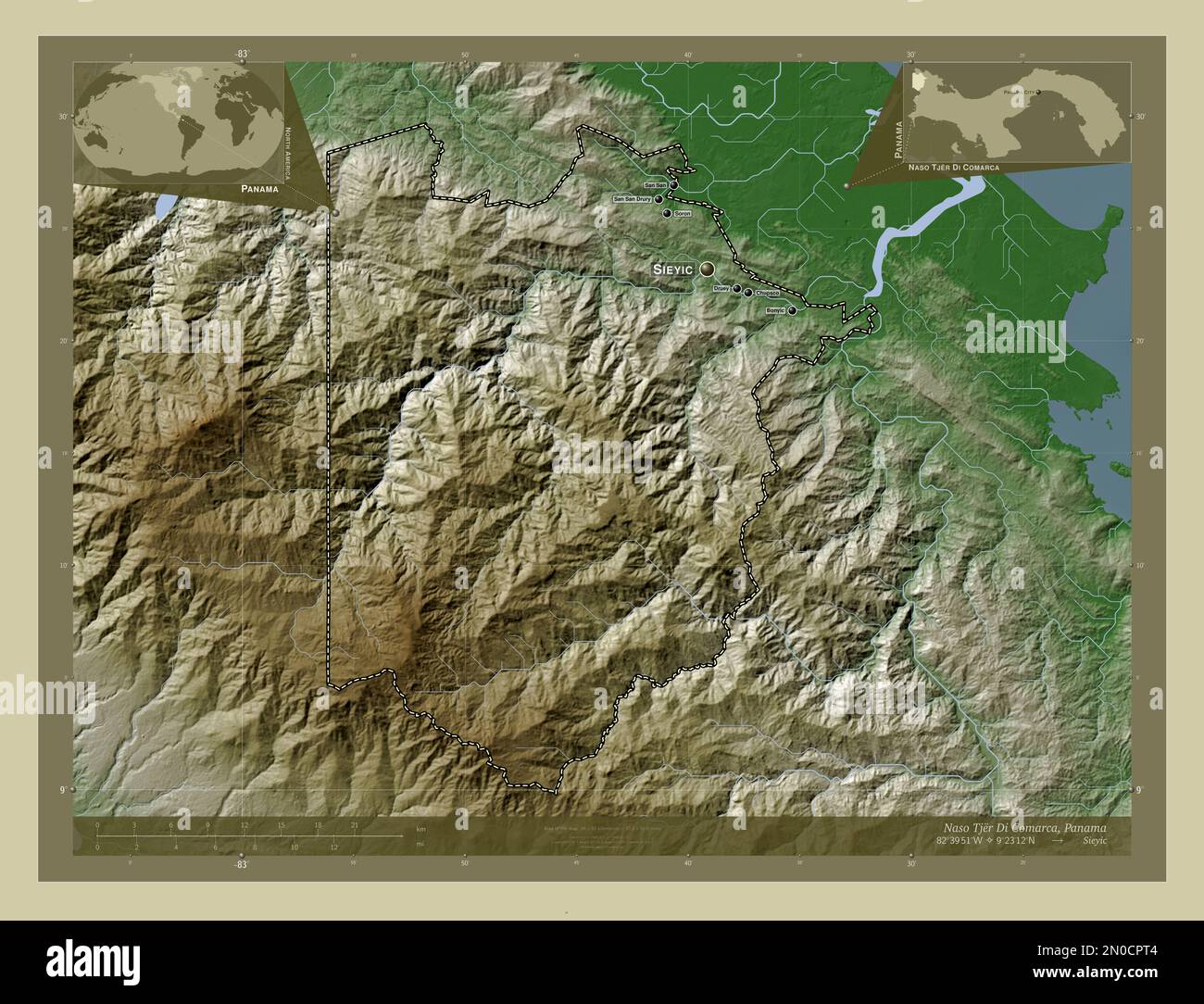 NASO Tjer Di Comarca, province du Panama. Carte d'altitude colorée en ...