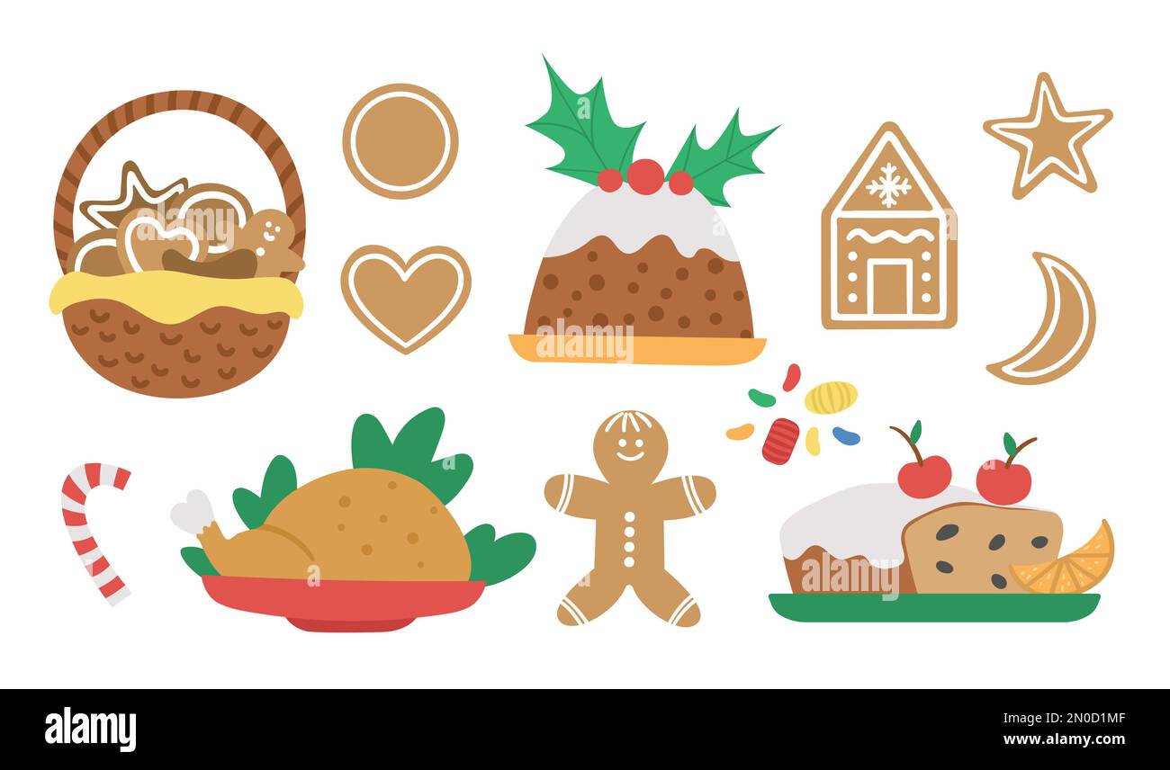 Ensemble vectoriel de desserts et plats de Noël traditionnels, isolé ...