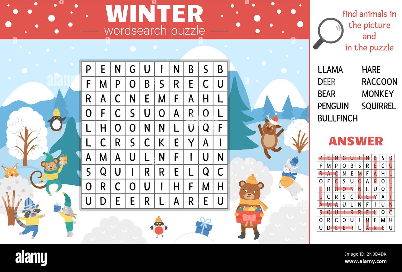 Casse-tête de recherche de mots Vector hiver pour les enfants. Mots ...