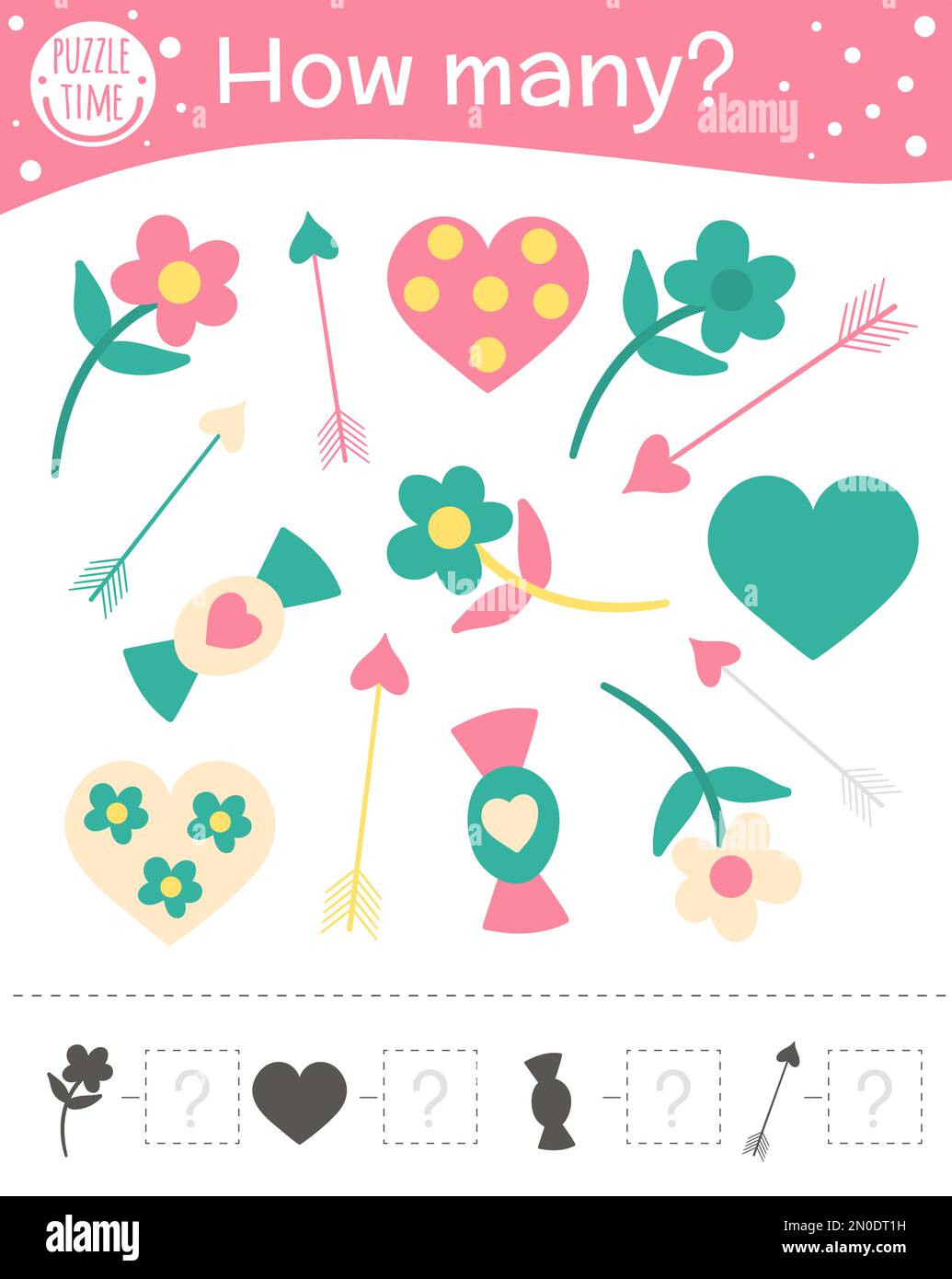 Saint-Valentin jeu de comptage de jour avec coeur, bonbons, flèche ...