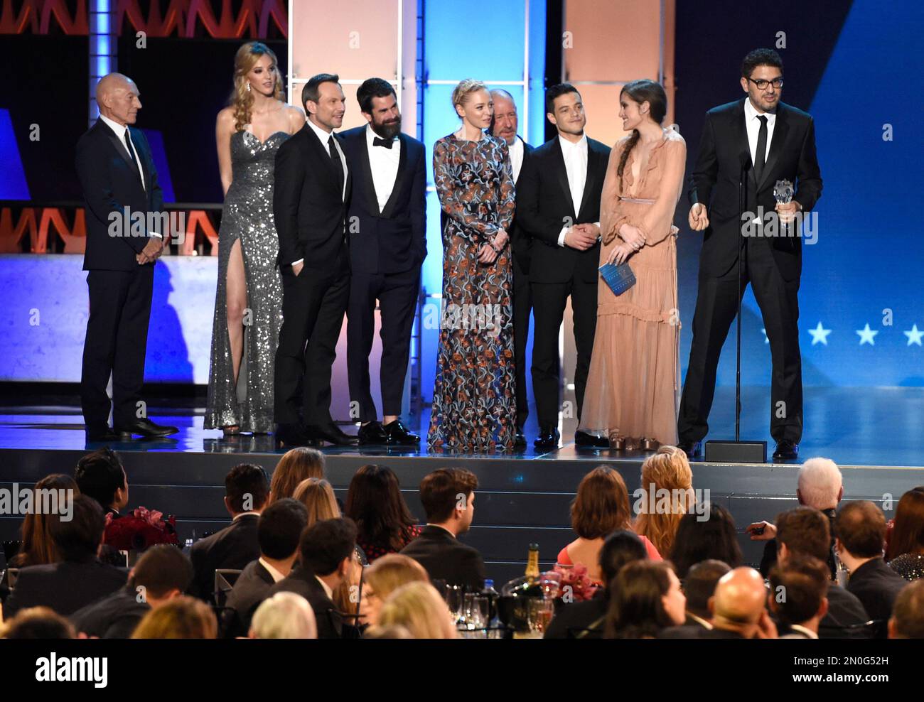 Sir Patrick Stewart, left, looks on as Christian Slater, from third ...