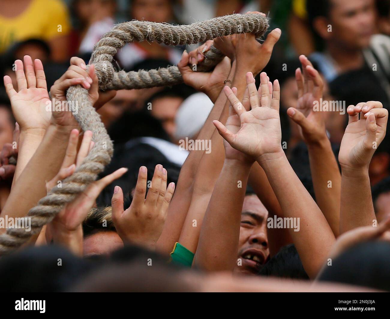 Roman Catholic devotees grab the rope which is tied to the carriage ...