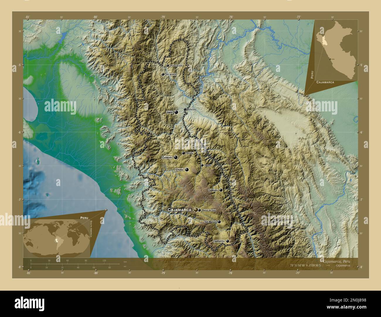 Cajamarca, région du Pérou. Carte d'altitude en couleur avec lacs et ...