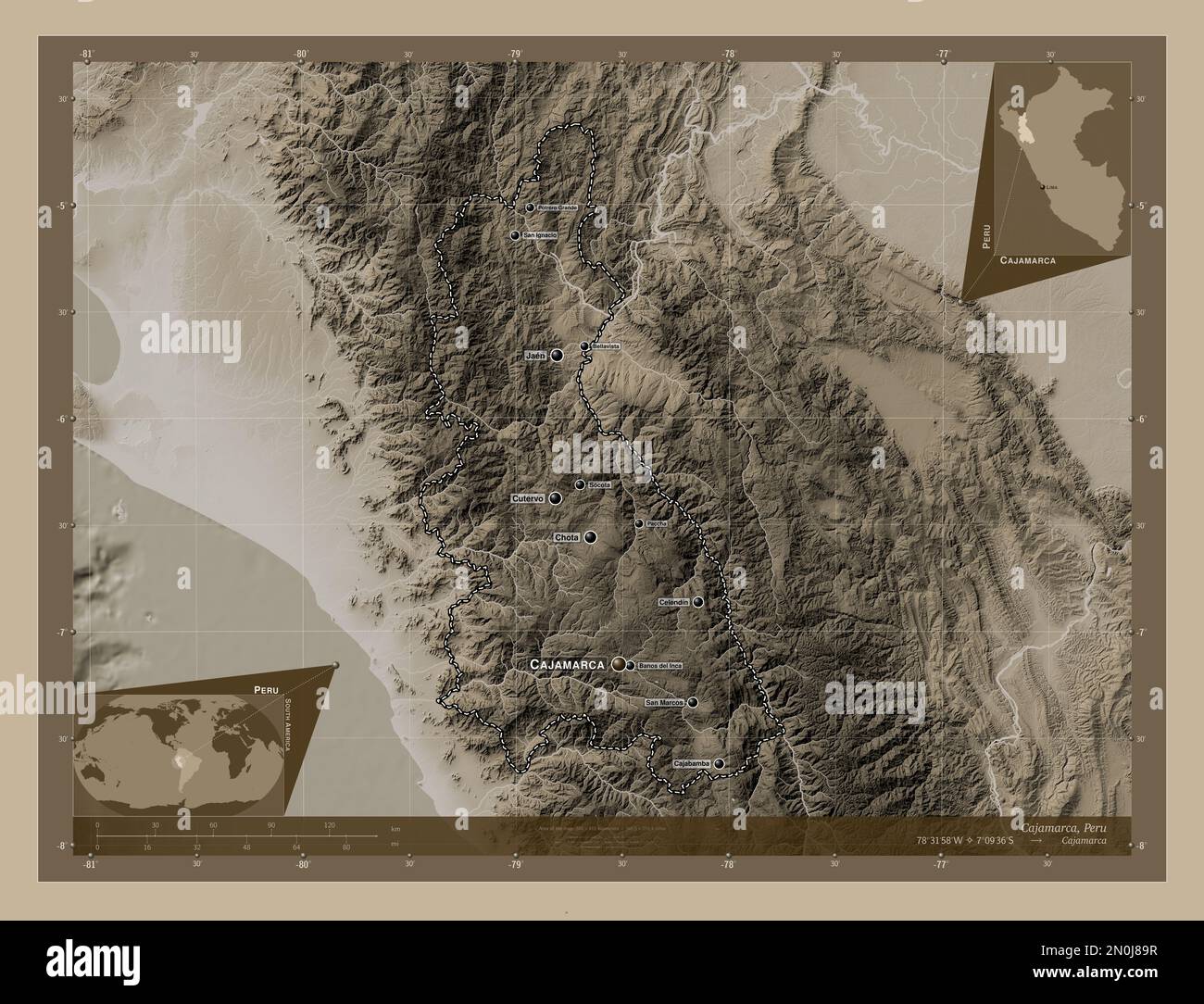 Cajamarca, région du Pérou. Carte d'altitude colorée en tons sépia avec ...