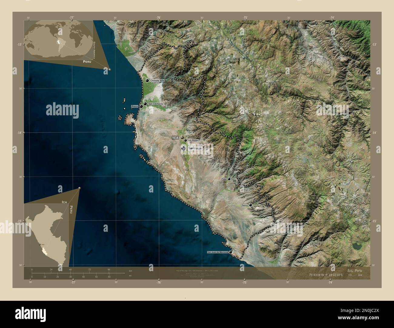 ICA, région du Pérou. Carte satellite haute résolution. Lieux et noms ...