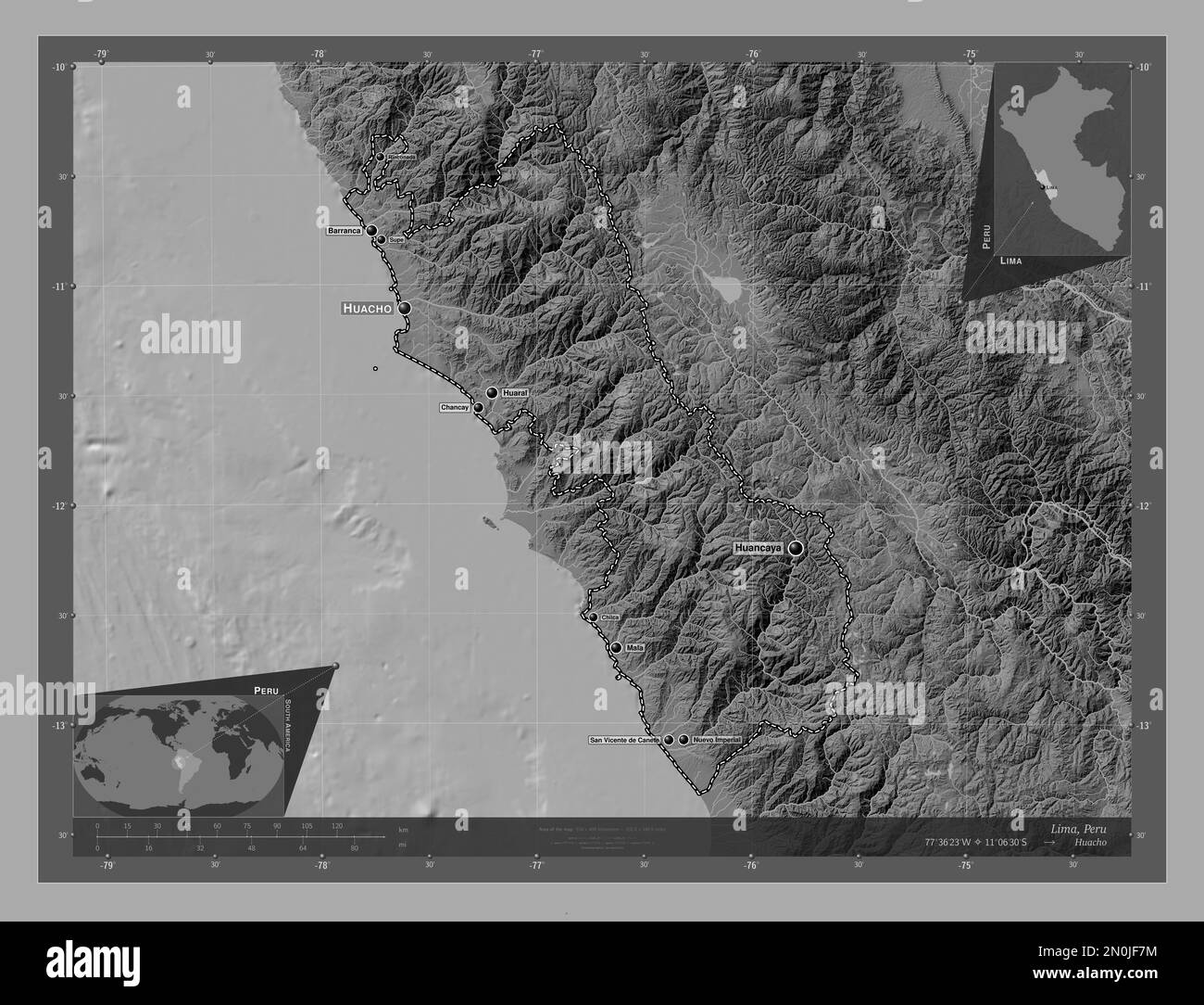 Lima, région du Pérou. Carte d'altitude à deux niveaux avec lacs et ...