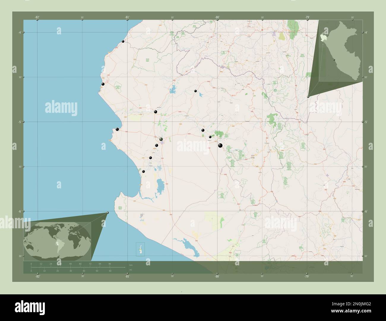 Piura, région du Pérou. Ouvrez la carte des rues. Lieux des principales ...