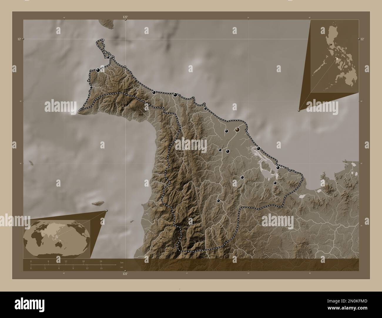 Aklan, province des Philippines. Carte d'altitude colorée en tons sépia ...