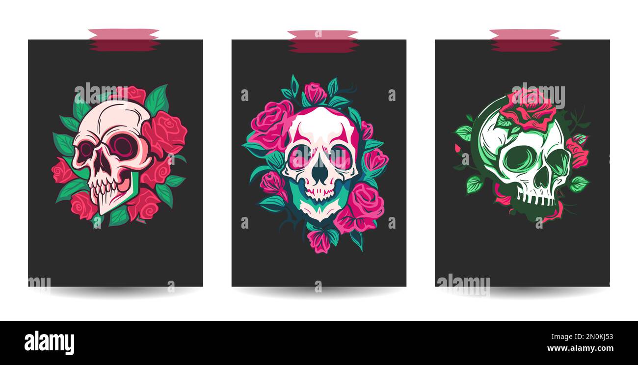 Ensemble d'affiches tête de mort et carte de fleur rose. Symbole ...