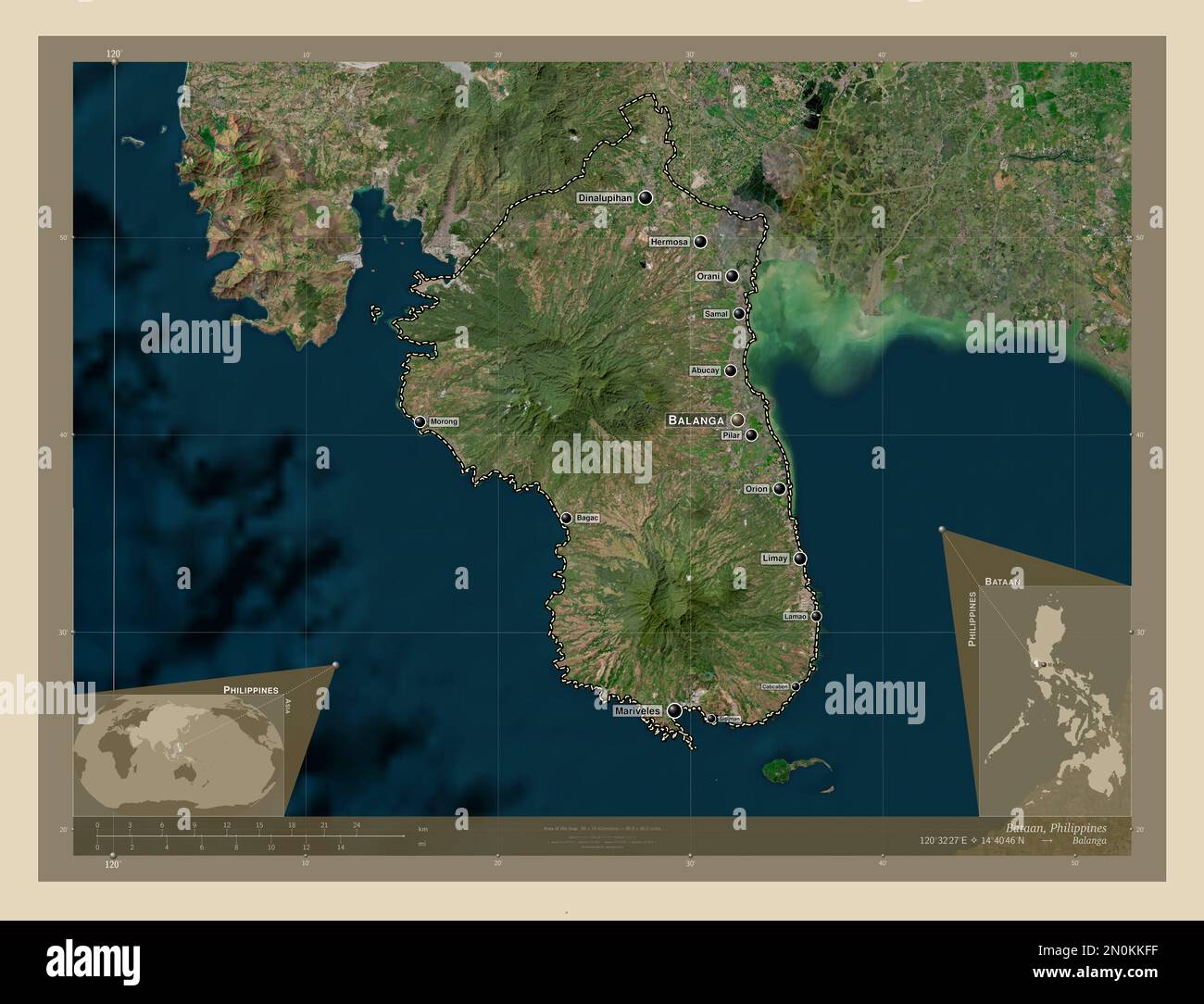 Bataan, province des Philippines. Carte satellite haute résolution. Lieux et noms des ...