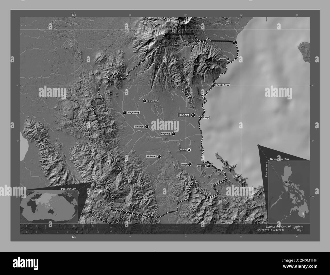 Davao del sur, province des Philippines. Carte d'altitude à deux ...