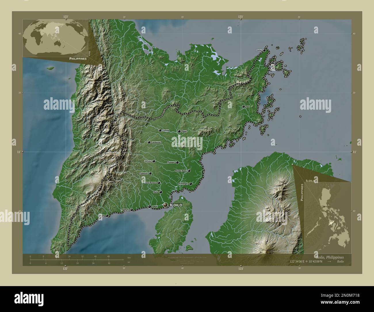 Iloilo, province des Philippines. Carte d'altitude colorée en style ...
