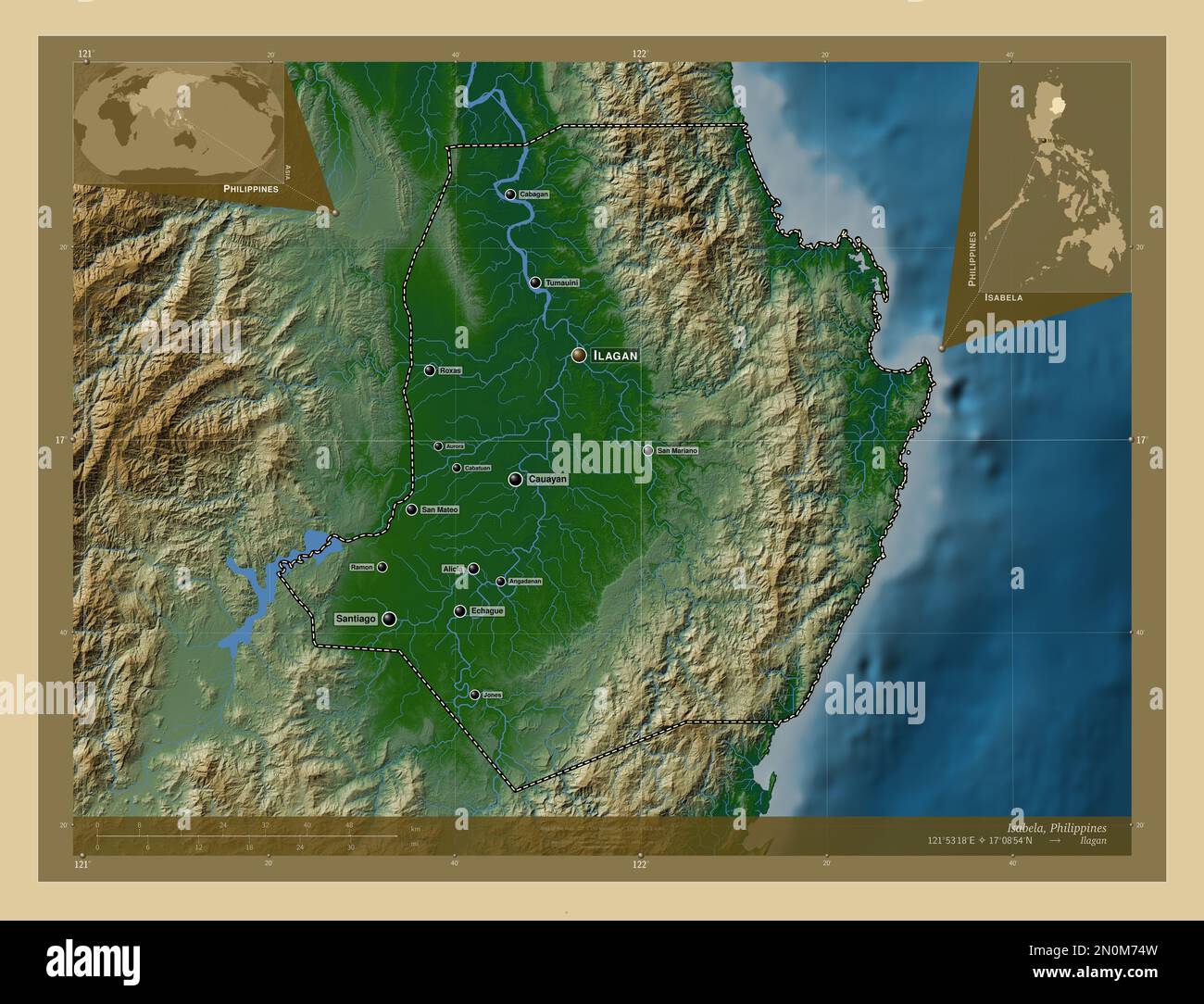 Isabela, province des Philippines. Carte d'altitude en couleur avec ...