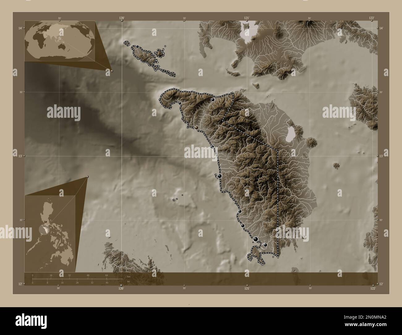 Occidental Mindoro, province des Philippines. Carte d'altitude colorée ...