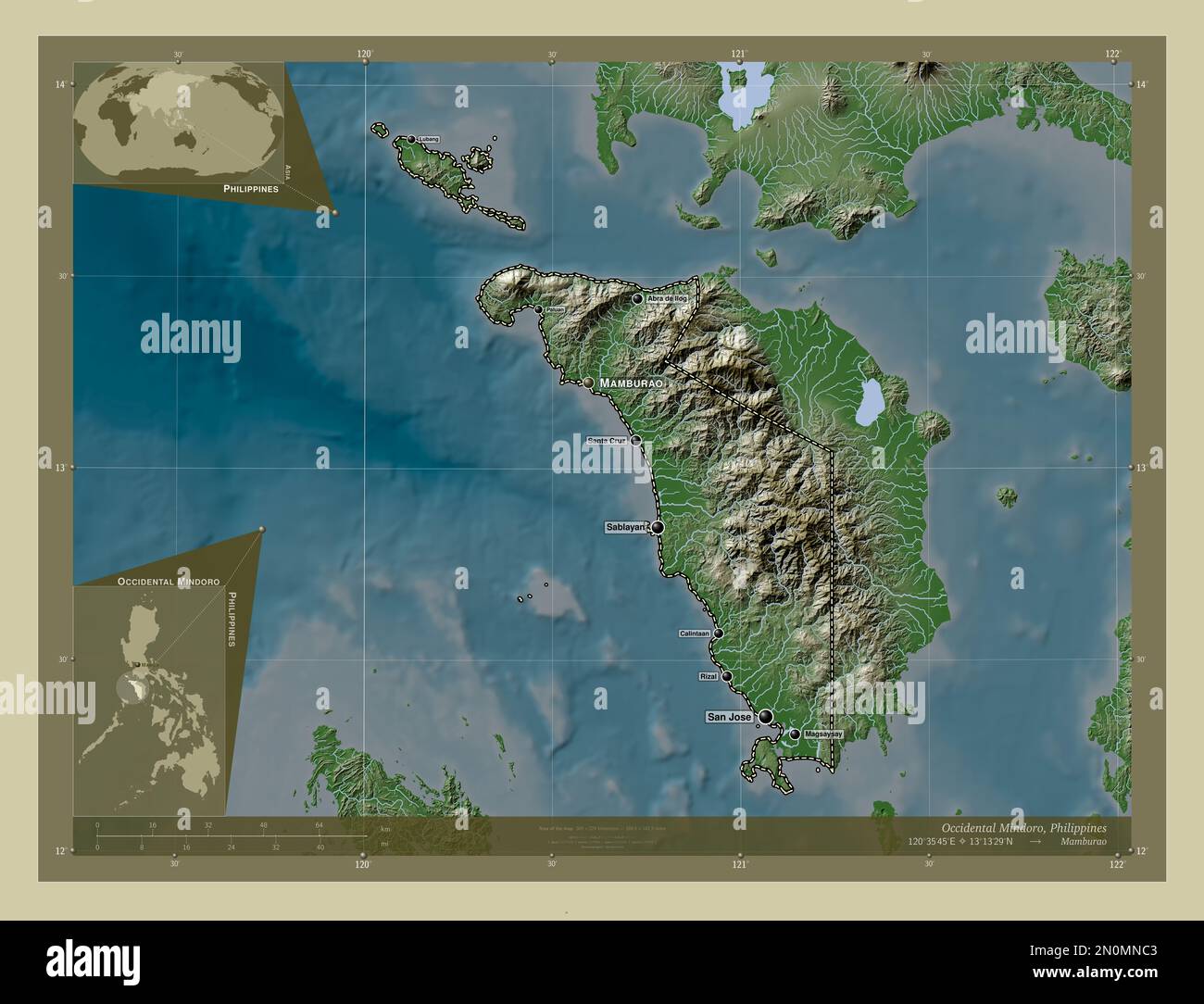 Occidental Mindoro, province des Philippines. Carte d'altitude colorée ...