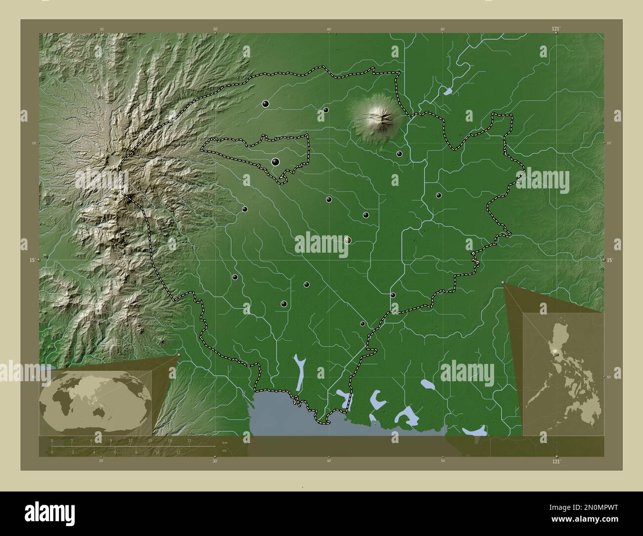 Pampanga, province des Philippines. Carte d'altitude colorée en style ...
