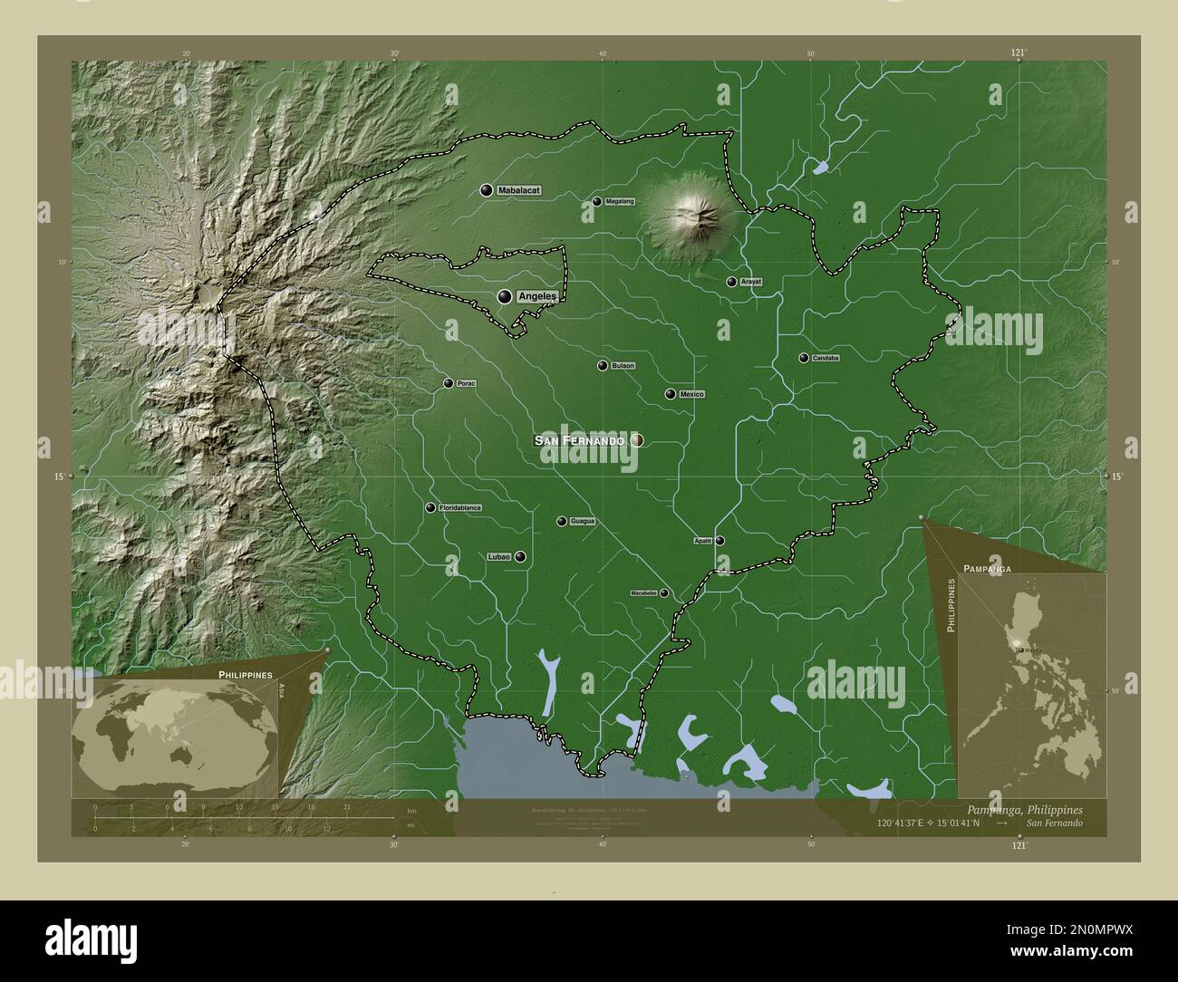Pampanga, province des Philippines. Carte d'altitude colorée en style ...