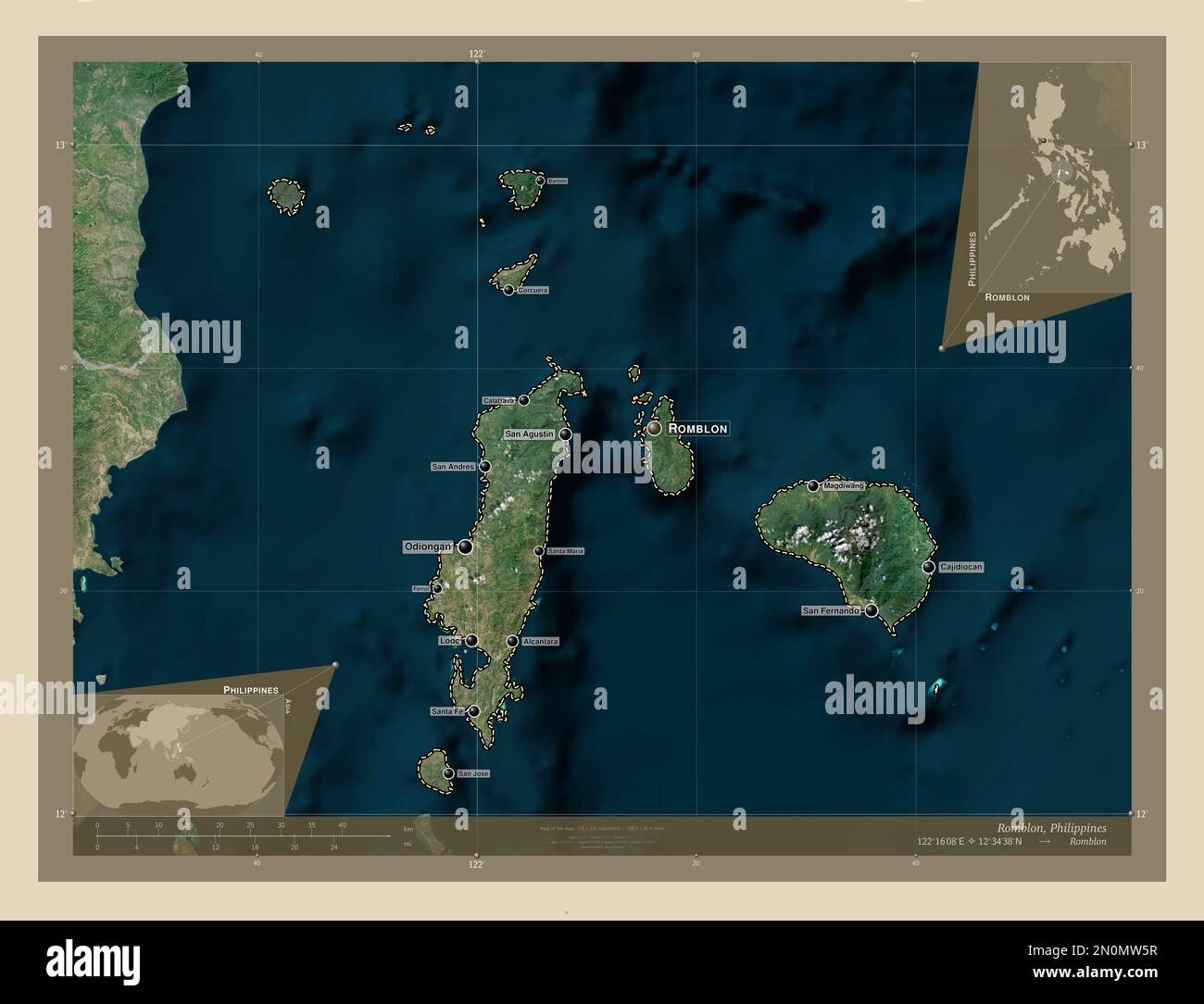 Romblon, province des Philippines. Carte satellite haute résolution ...