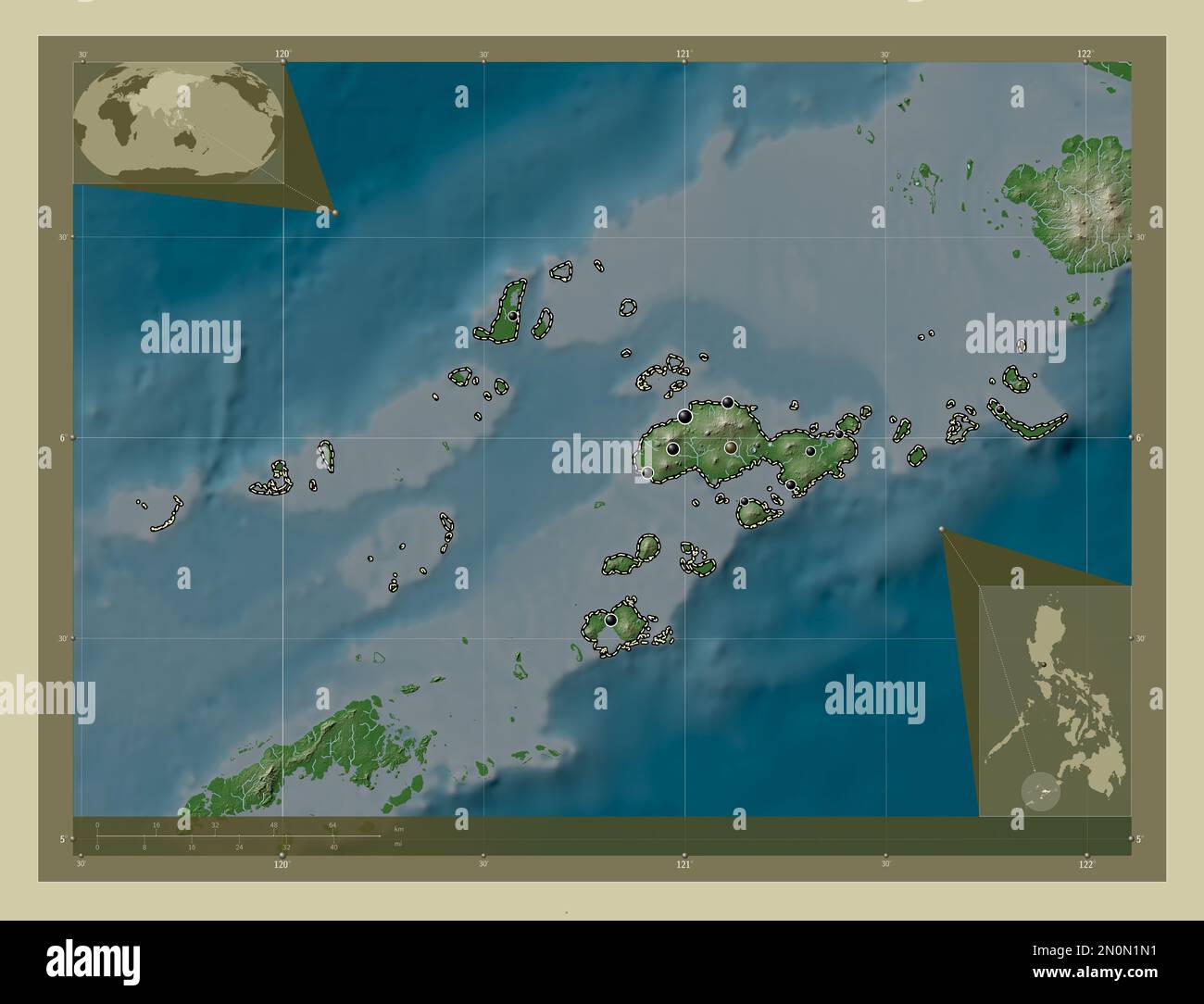 Sulu, province des Philippines. Carte d'altitude colorée en style wiki ...