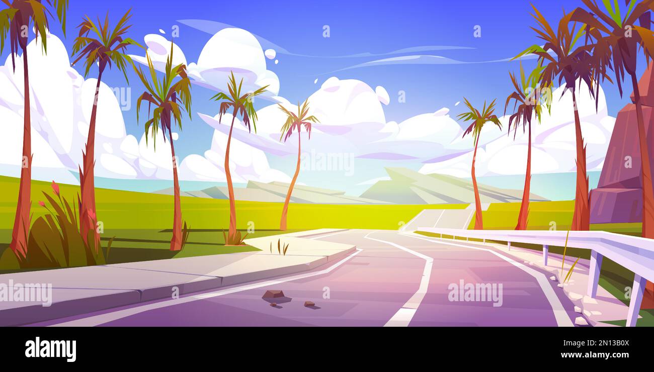 Arrière-plan tropical d'été avec palmiers et chemin d'asphalte vide ...