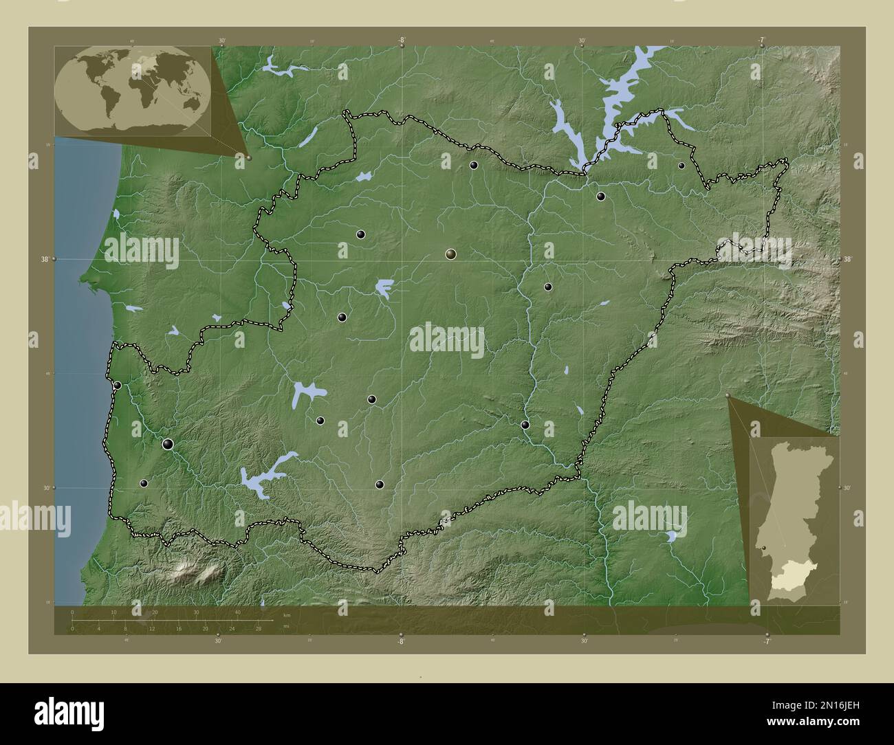 Beja, district du Portugal. Carte d'altitude colorée en style wiki avec ...