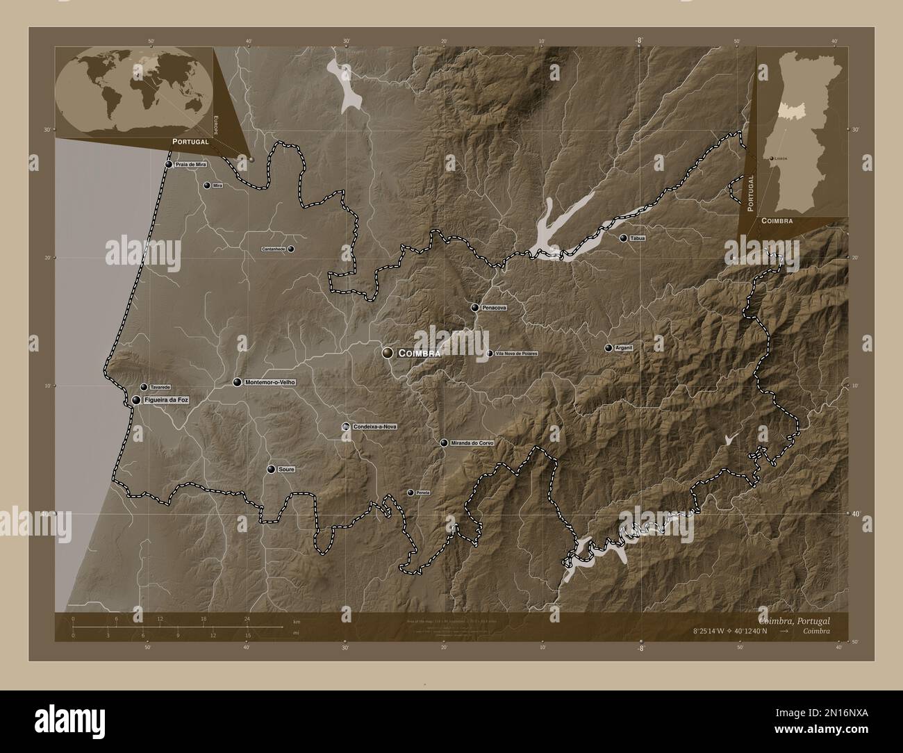 Coimbra, district du Portugal. Carte d'altitude colorée en tons sépia ...