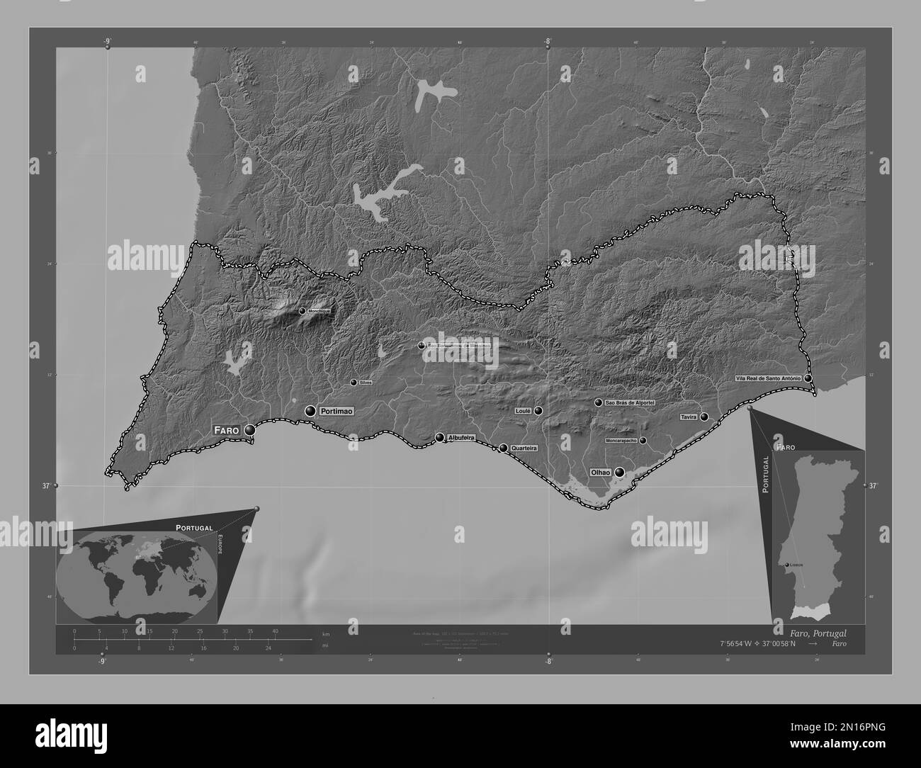 Faro, quartier du Portugal. Carte d'altitude à deux niveaux avec lacs ...