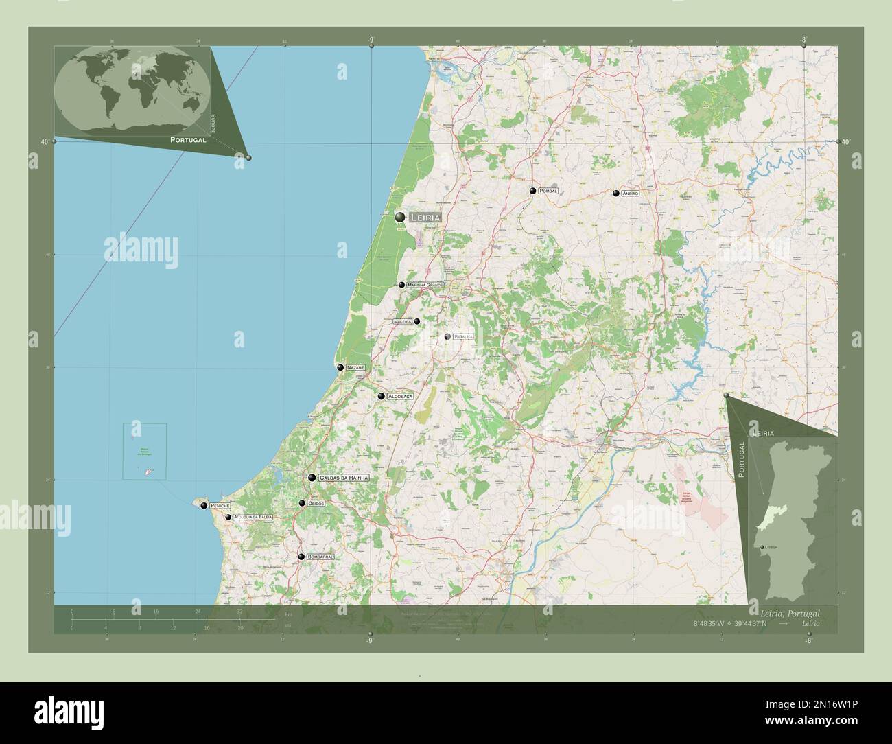 Leiria, district du Portugal. Ouvrez la carte des rues. Lieux et noms des principales villes de ...
