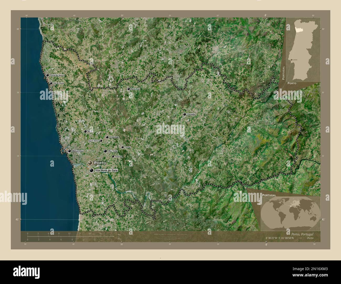 Porto, district du Portugal. Carte satellite haute résolution. Lieux et ...