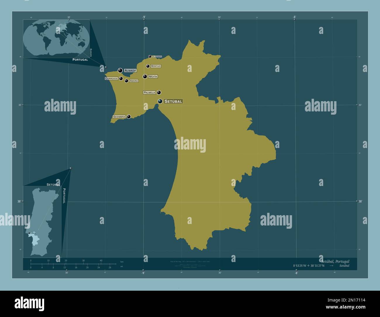 Setubal, quartier du Portugal. Forme de couleur unie. Lieux et noms des ...
