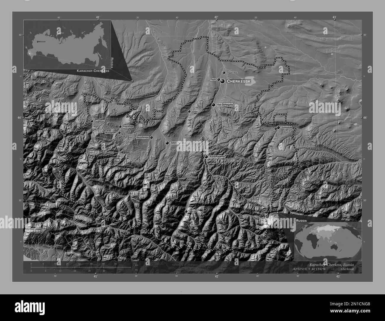 Karachay-Cherkess, république de Russie. Carte d'altitude à deux ...