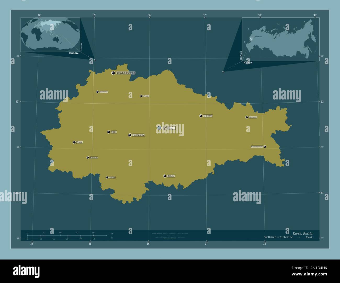Kursk, région de Russie. Forme de couleur unie. Lieux et noms des ...