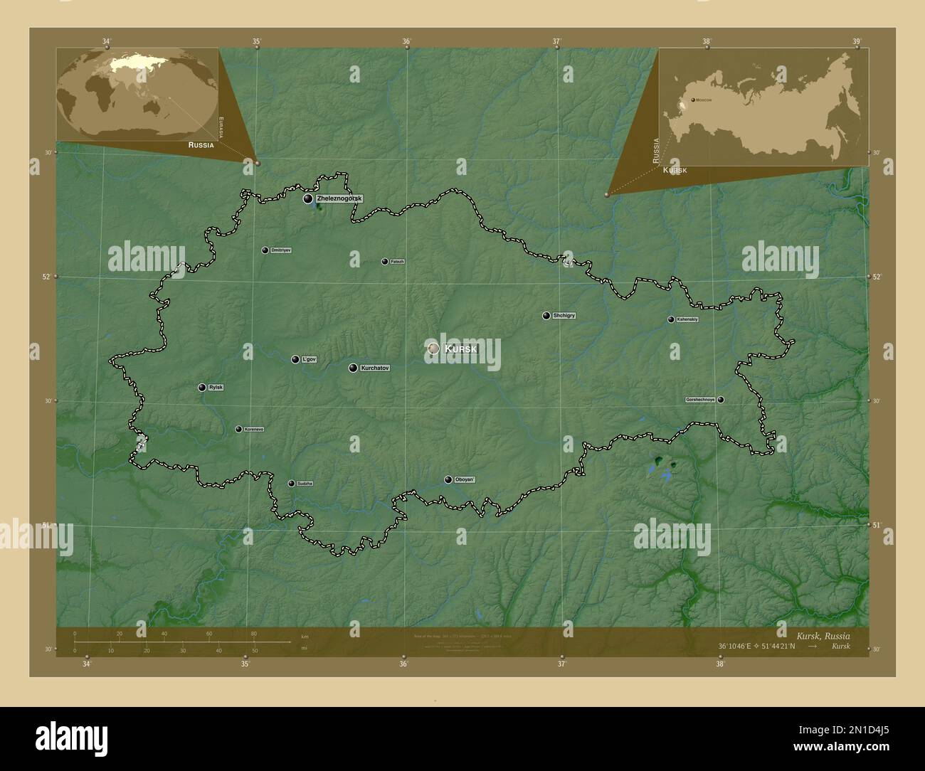 Kursk, région de Russie. Carte d'altitude en couleur avec lacs et ...