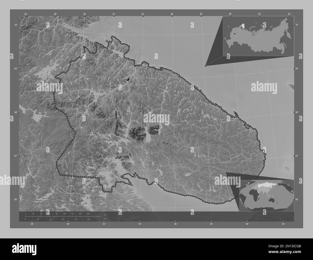 Mourmansk, région de Russie. Carte d'altitude en niveaux de gris avec ...
