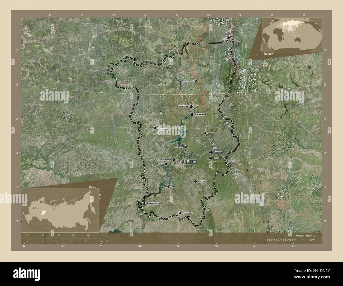 Perm', territoire de la Russie. Carte satellite haute résolution. Lieux ...