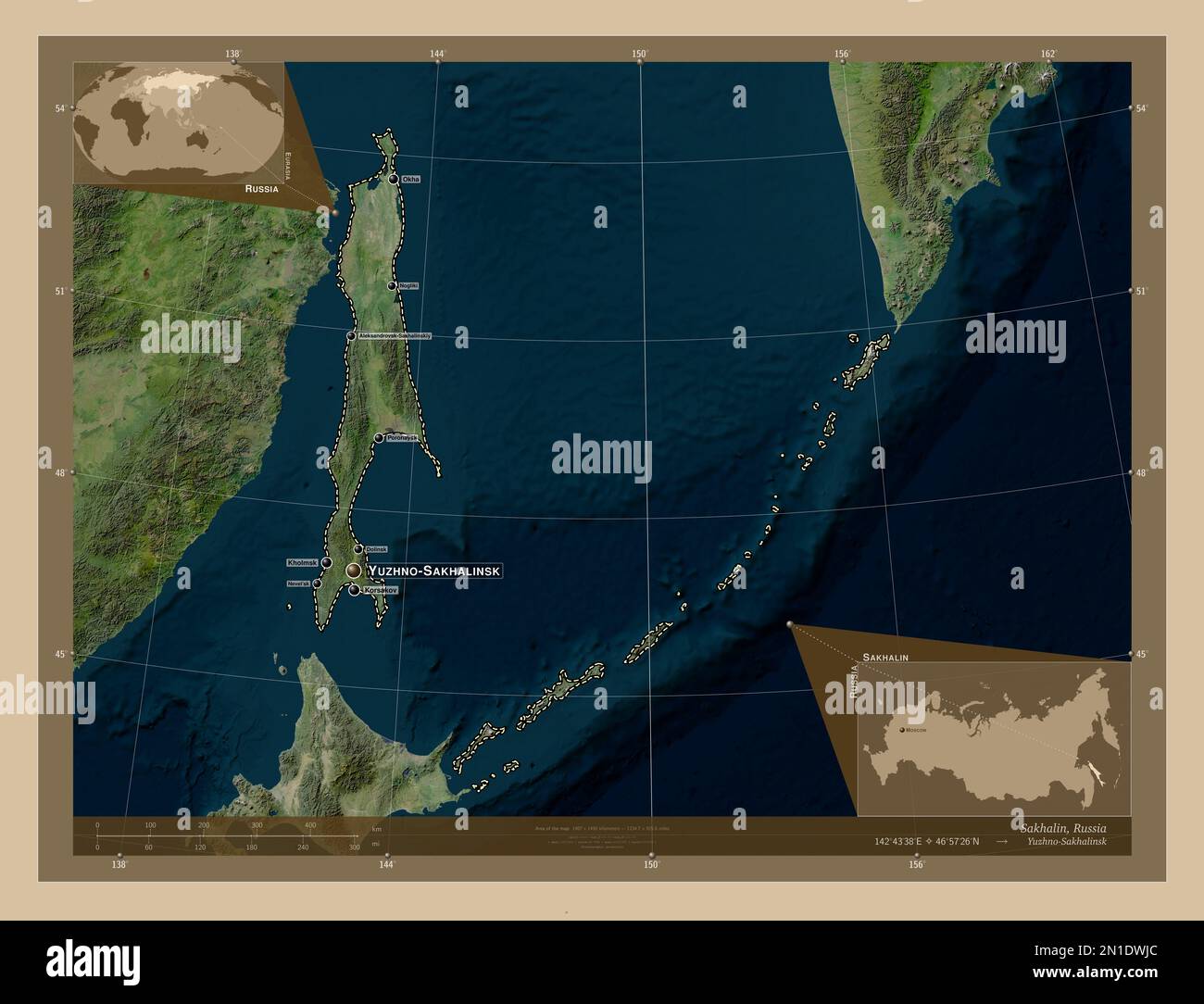 Sakhaline, région de Russie. Carte satellite basse résolution. Lieux et ...