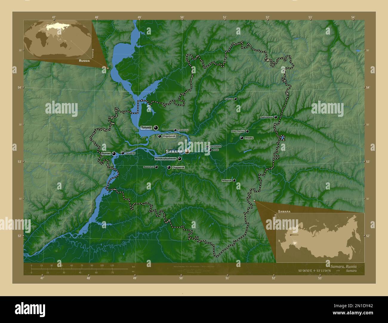 Samara, région de Russie. Carte d'altitude en couleur avec lacs et ...