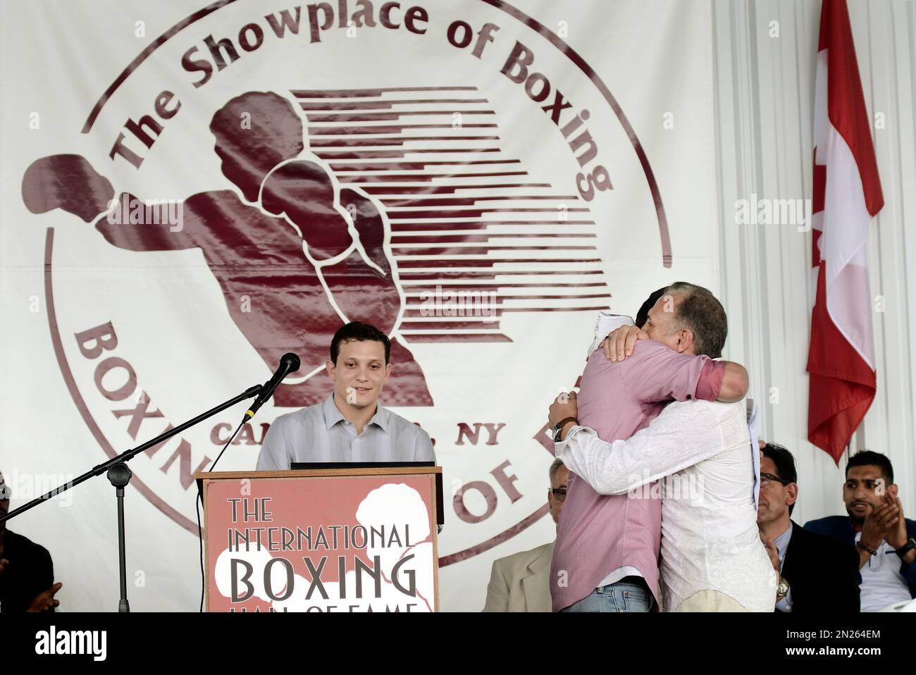 International Boxing Hall of Fame inductee, Ray Mancini, right, hugs ...