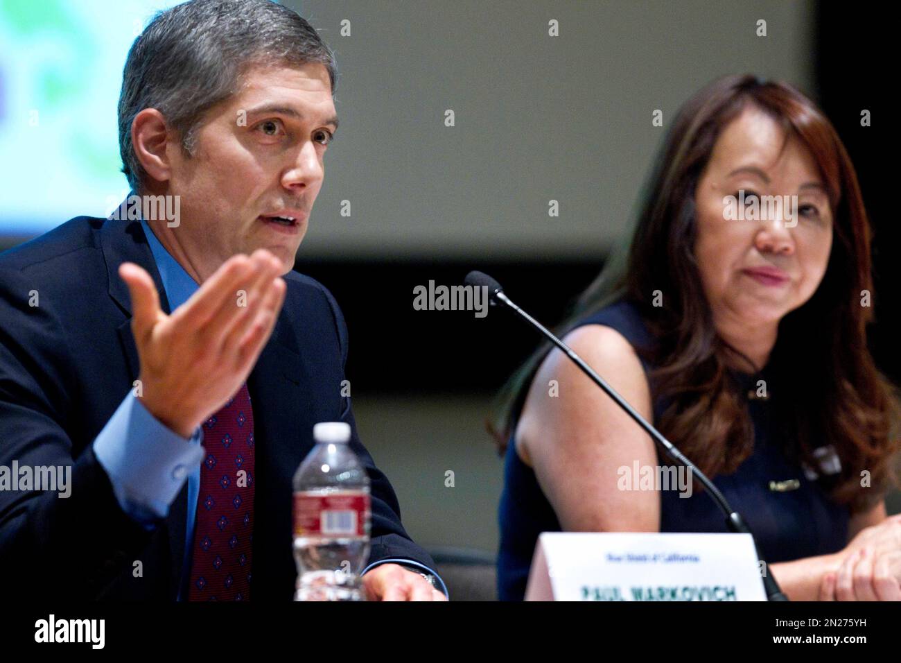 Blue Shield of California CEO Paul Markovich, left, speaks during a ...