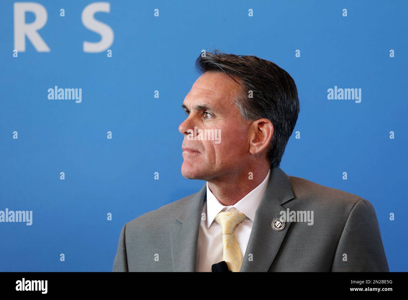 Macomb County Executive Mark Hackel is seen during a news conference ...