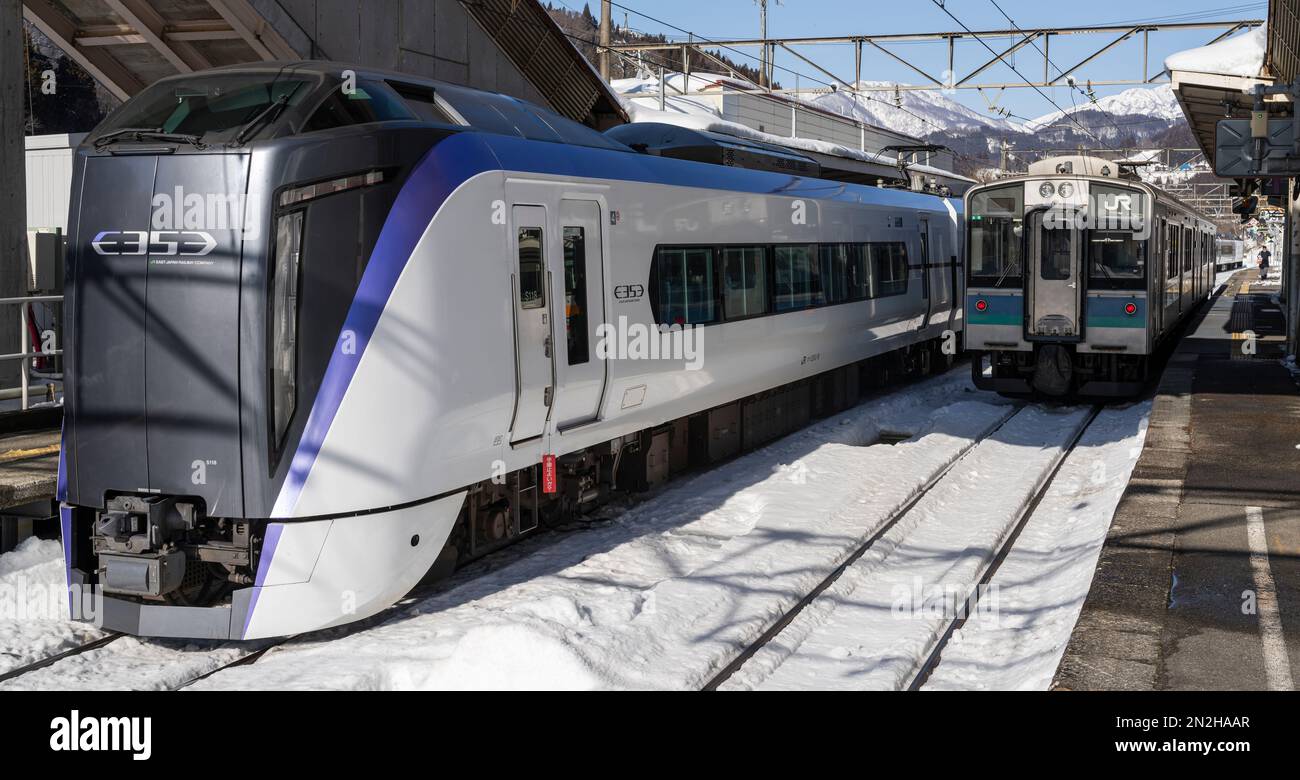 Un train express JR East E353 Series Azusa et un train local sur la ligne Oito à la gare de ...