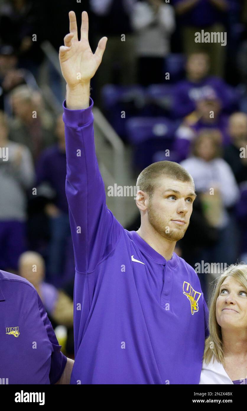 Northern Iowa forward Seth Tuttle waves to the crowd during senior day ...