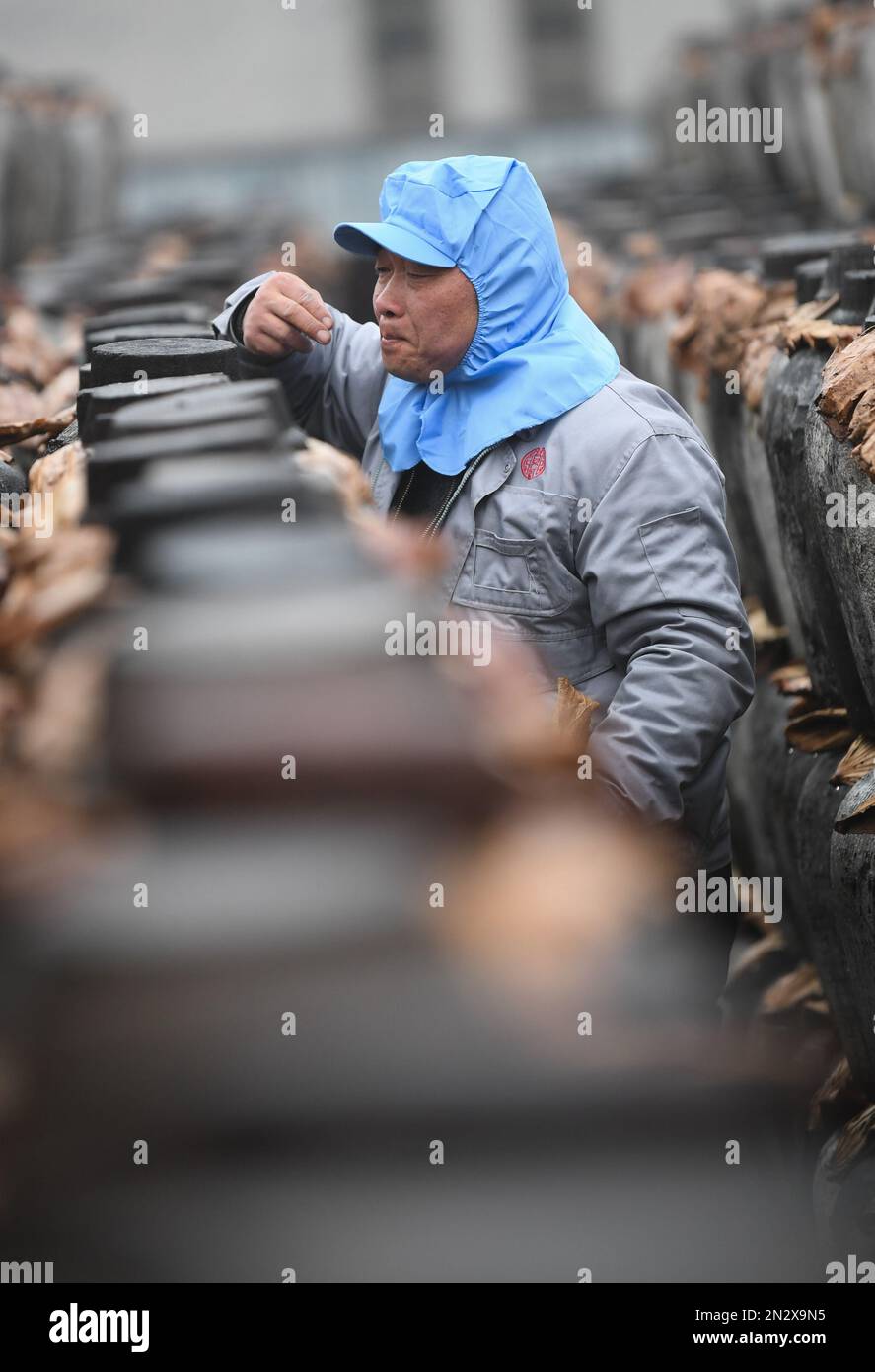 (230207) -- SHAOXING, 7 février 2023 (Xinhua) -- le Winemaker Wang Linxiang goûte du vin dans ...