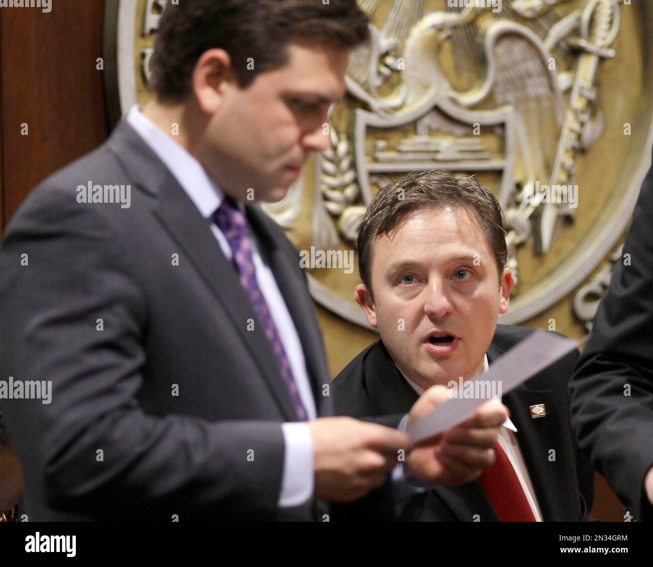 Arkansas House Speaker Jeremy Gillam, R-Judsonia, right, speaks with ...
